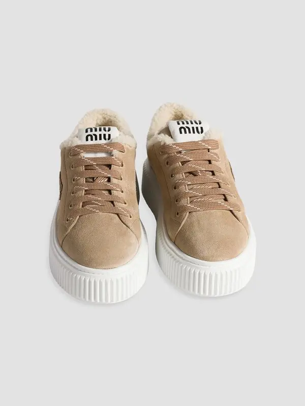 Miu Miu Suede And Shearling Sneakers - Beige Khaki