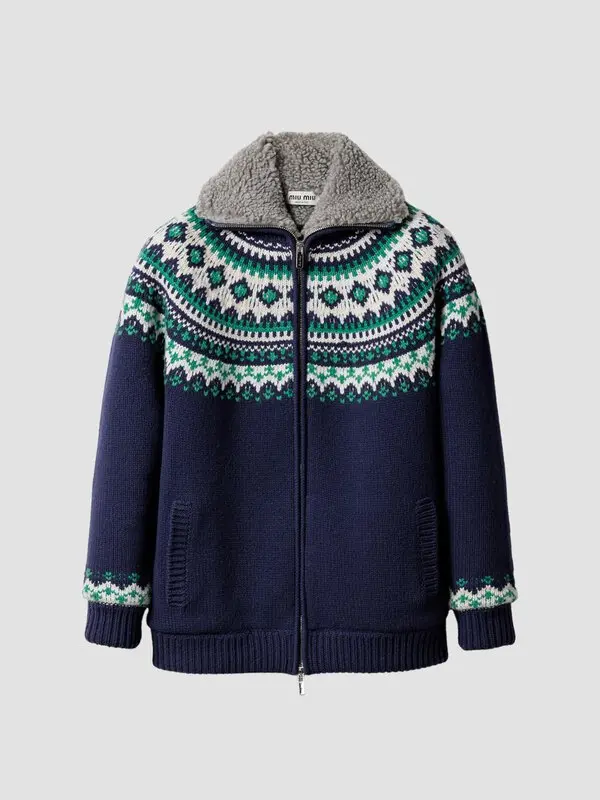 Miu Miu Wool And Fleece Cardigan With Zipper - Blue