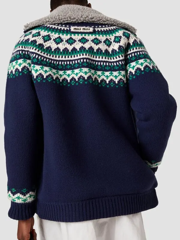Miu Miu Wool And Fleece Cardigan With Zipper - Blue