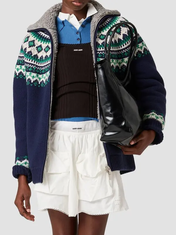Miu Miu Wool And Fleece Cardigan With Zipper - Blue
