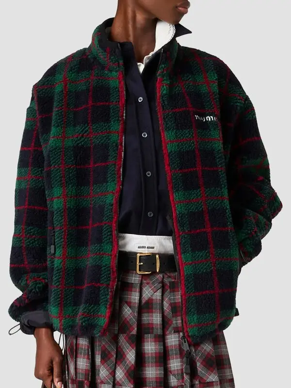 Miu Miu Checked Teddy Zipper Jacket - Blue