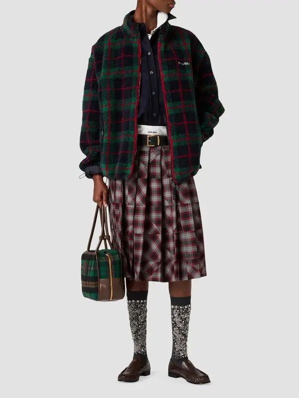 Miu Miu Checked Teddy Zipper Jacket - Blue