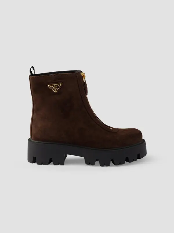 Prada Suede Booties With Zip - Brown