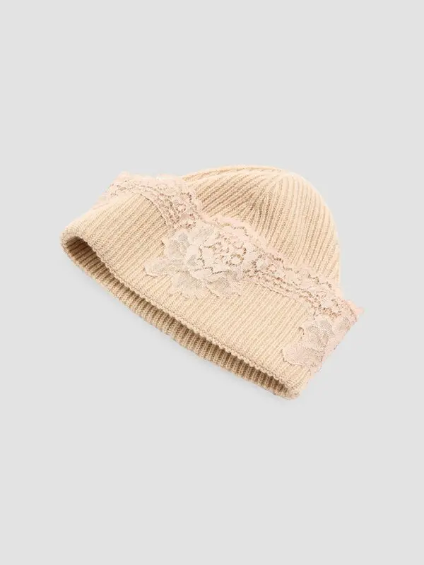 Valentino Garavani Vlogo Signature Cashmere And Lace Beanie - Alabaster