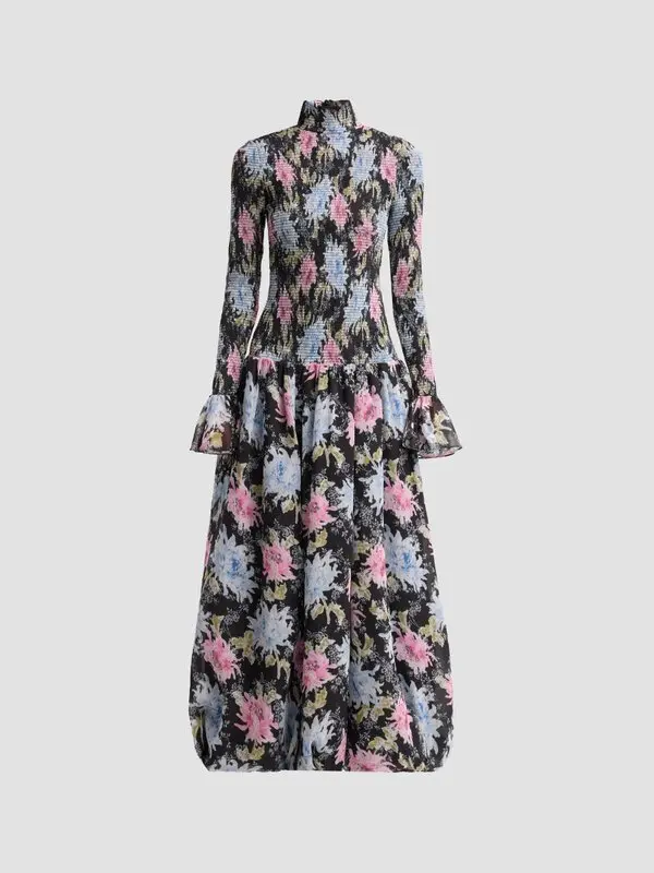Cinq À Sept Ise Dahlia-print Smocked Maxi Dress - Black Multi