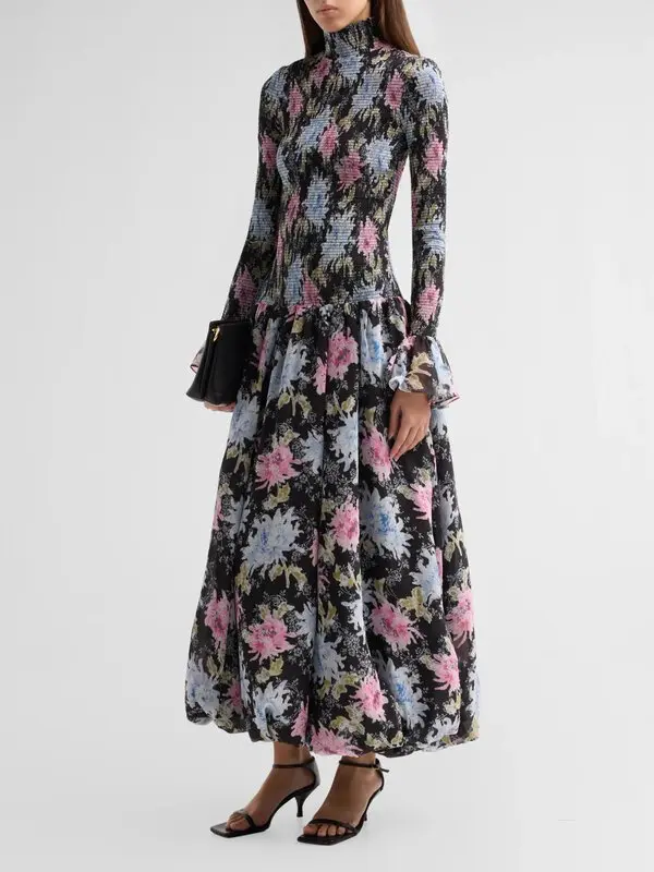 Cinq À Sept Ise Dahlia-print Smocked Maxi Dress