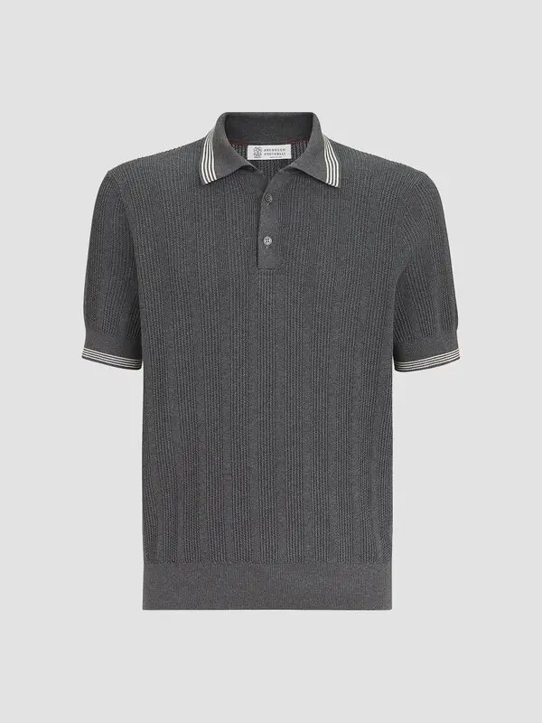Brunello Cucinelli Cotton Textured Rib Knit Polo Shirt - Anthracite