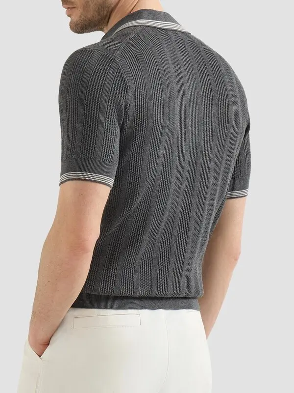 Brunello Cucinelli Cotton Textured Rib Knit Polo Shirt - Anthracite