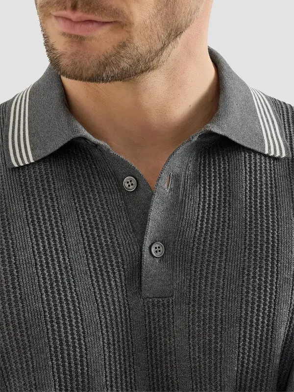 Brunello Cucinelli Cotton Textured Rib Knit Polo Shirt - Anthracite
