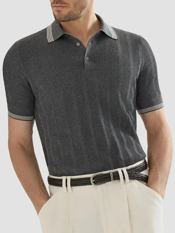 Brunello Cucinelli Cotton Textured Rib Knit Polo Shirt - Anthracite