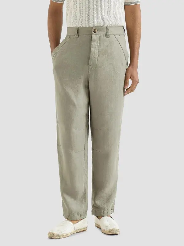 Brunello Cucinelli Linen Micro Chevron Trousers With Drawstrings - Sage