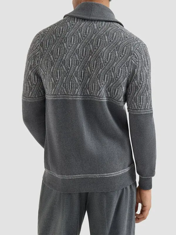 Brunello Cucinelli Cotton Shawl Collar Cardigan With Jacquard Cable Shoulder