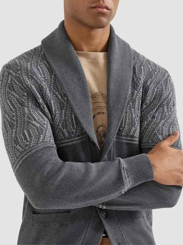 Brunello Cucinelli Cotton Shawl Collar Cardigan With Jacquard Cable Shoulder