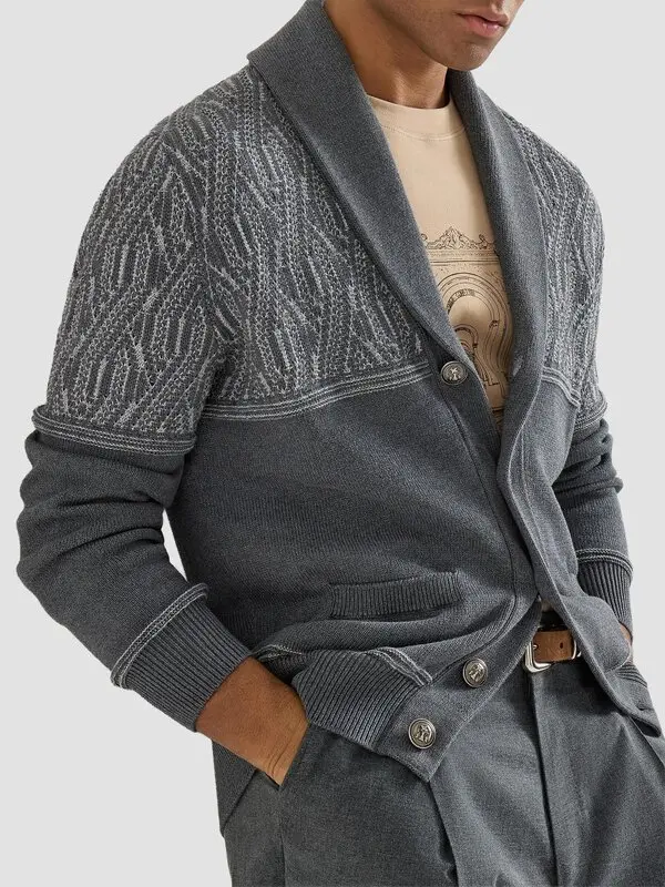 Brunello Cucinelli Cotton Shawl Collar Cardigan With Jacquard Cable Shoulder