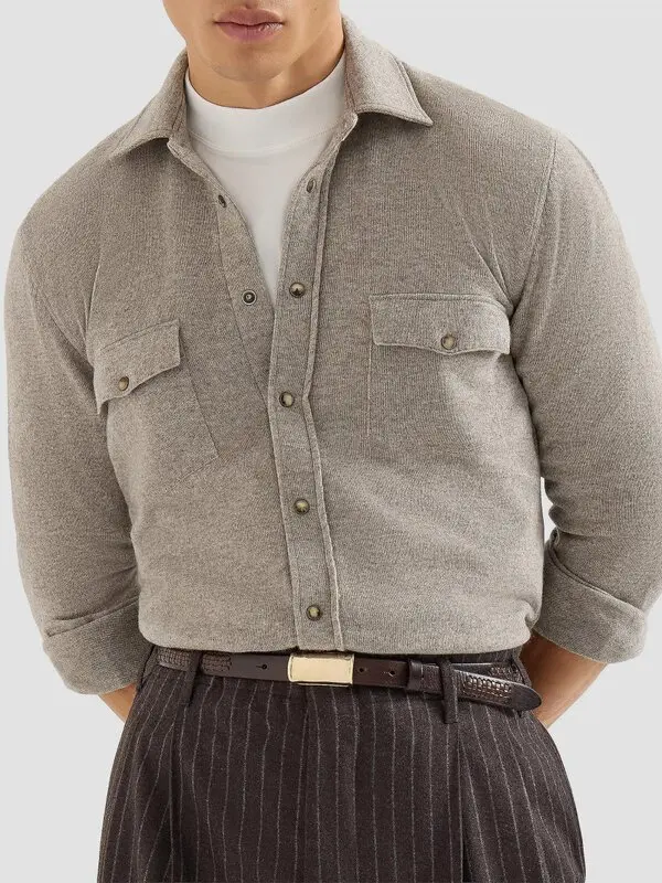 Brunello Cucinelli Virgin Wool, Cashmere And Silk Knit Shirt - Stone Grey