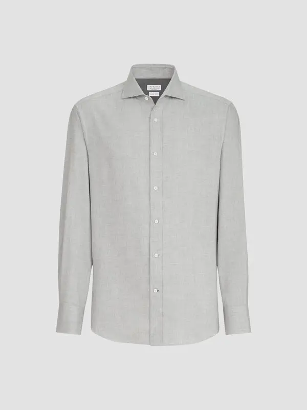Brunello Cucinelli Stretch Cotton Chevron Flannel Shirt With Spread Collar - Grey