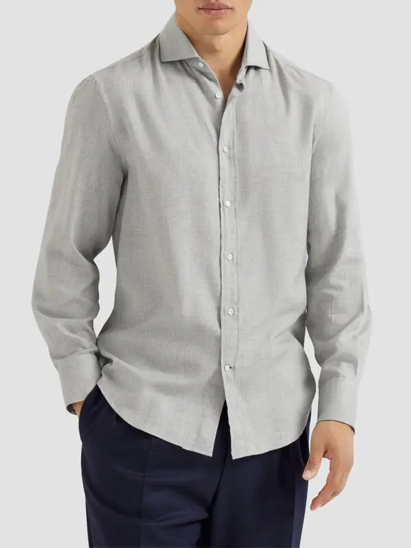 Brunello Cucinelli Stretch Cotton Chevron Flannel Shirt With Spread Collar - Grey