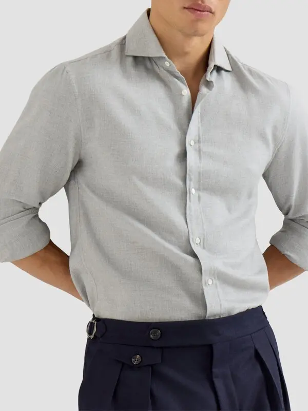 Brunello Cucinelli Stretch Cotton Chevron Flannel Shirt With Spread Collar - Grey