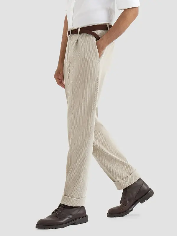 Brunello Cucinelli Gart-dyed Trousers In Cotton Corduroy With Pleat - Beige