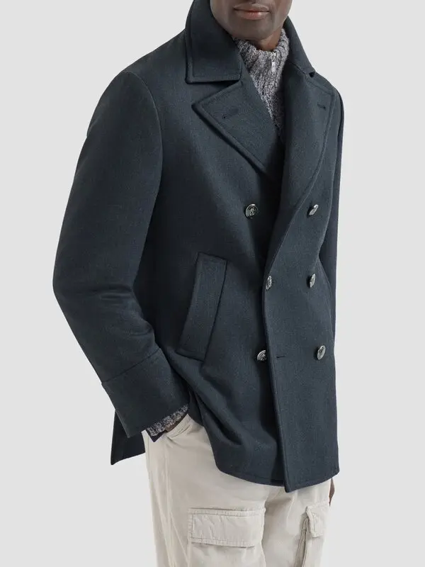 Brunello Cucinelli Wool And Cashmere Cavalry Peacoat With Metal Buttons