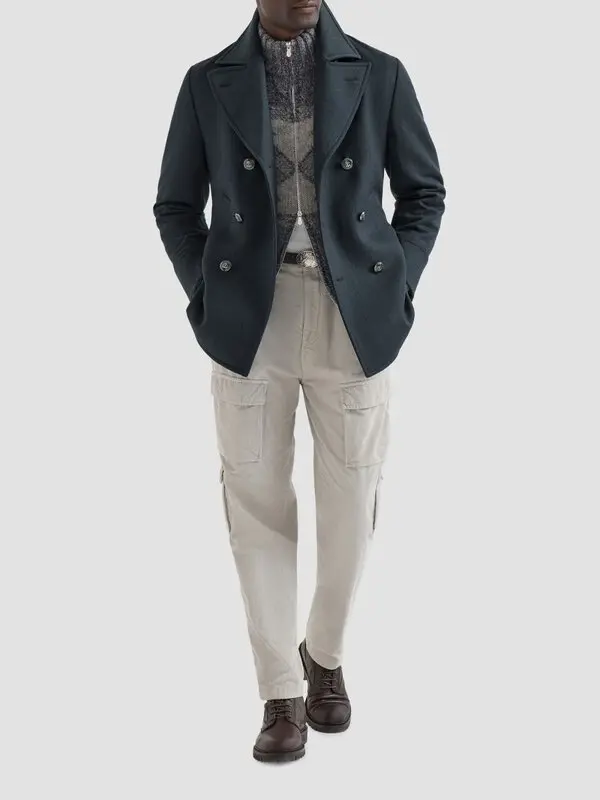 Brunello Cucinelli Wool And Cashmere Cavalry Peacoat With Metal Buttons