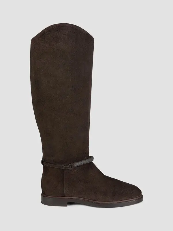 Brunello Cucinelli Monili-beaded Suede Riding Boots - Pepper