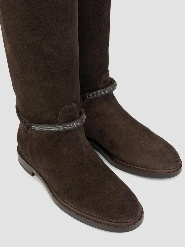Brunello Cucinelli Monili-beaded Suede Riding Boots - Pepper