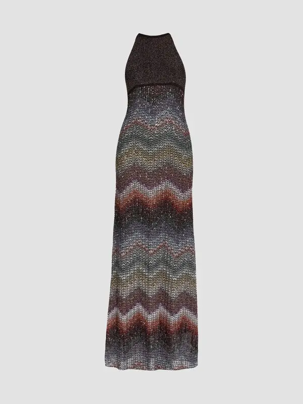 Missoni Sequin Wefted Loom Knit Halterneck Gown - Dark Multi