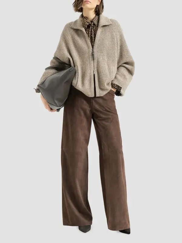 Brunello Cucinelli Suede Baggy Trousers With Monili - Rust Brown