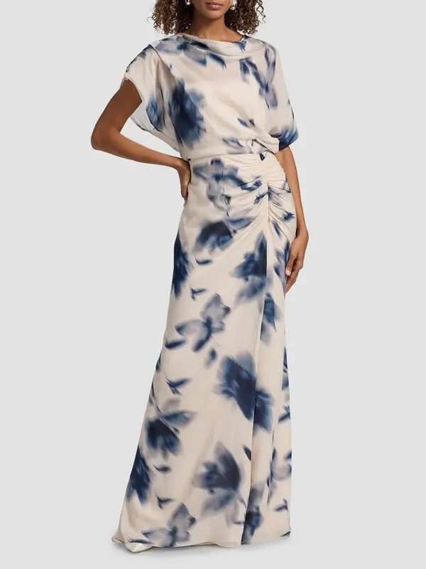 Amsale Blurred Floral Draped A-line Gown