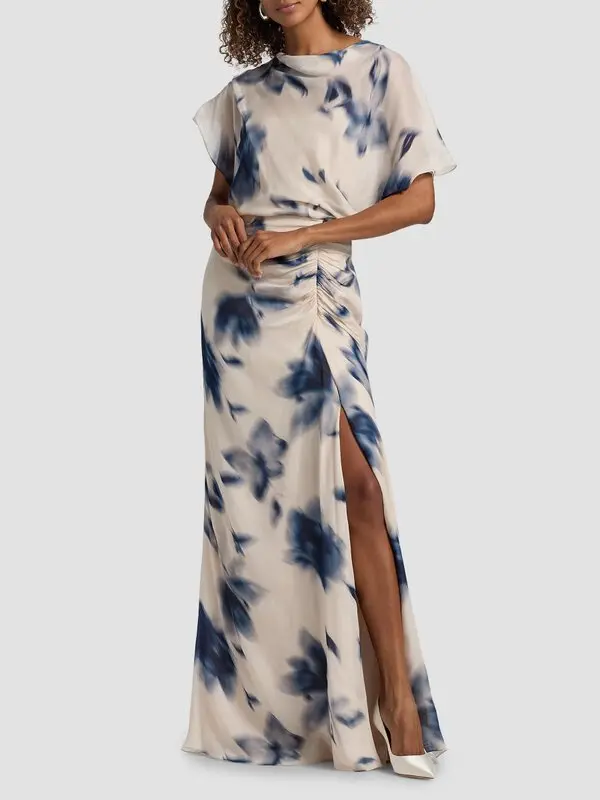 Amsale Blurred Floral Draped A-line Gown