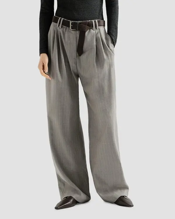 Brunello Cucinelli Sparkling Virgin Wool Pinstripe Wide Leg Pants With Monili