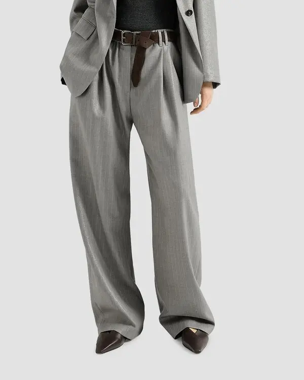 Brunello Cucinelli Sparkling Virgin Wool Pinstripe Wide Leg Pants With Monili
