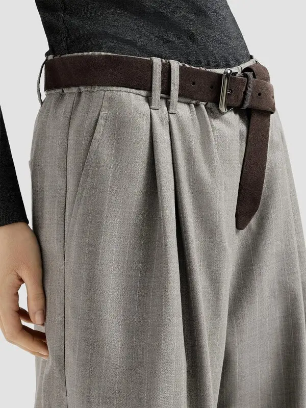 Brunello Cucinelli Sparkling Virgin Wool Pinstripe Wide Leg Pants With Monili