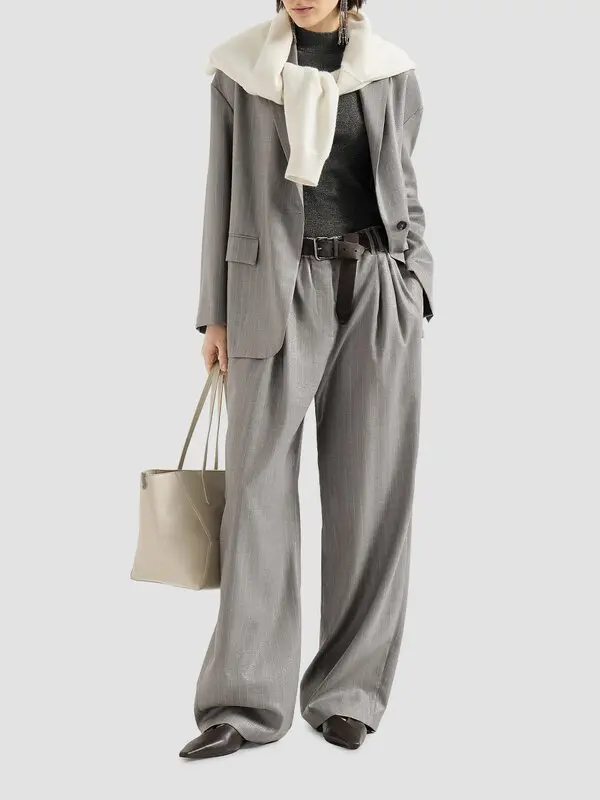 Brunello Cucinelli Sparkling Virgin Wool Pinstripe Wide Leg Pants With Monili