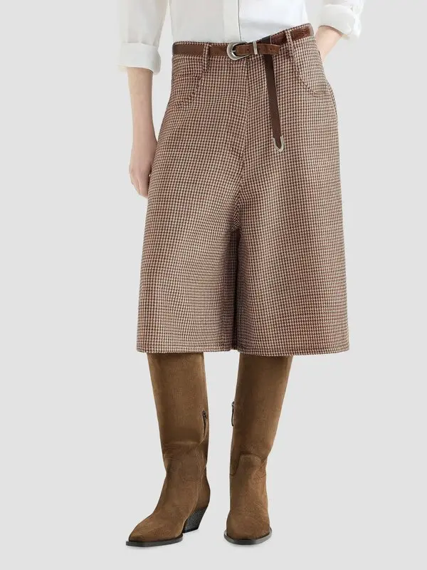 Brunello Cucinelli Sparkling Virgin Wool Houndstooth Long Bermuda Shorts With Monili