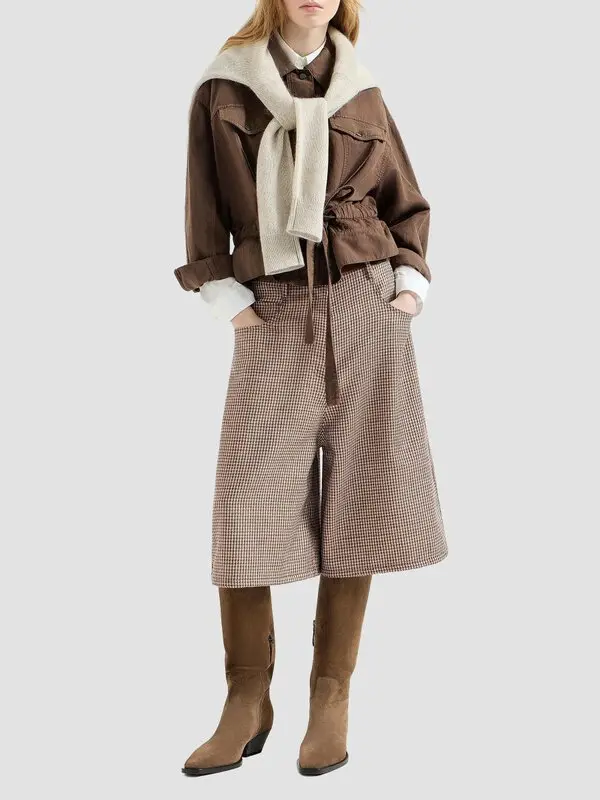 Brunello Cucinelli Sparkling Virgin Wool Houndstooth Long Bermuda Shorts With Monili