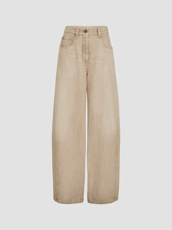 Brunello Cucinelli Authentic Denim Wide Jeans With Monili - Sand
