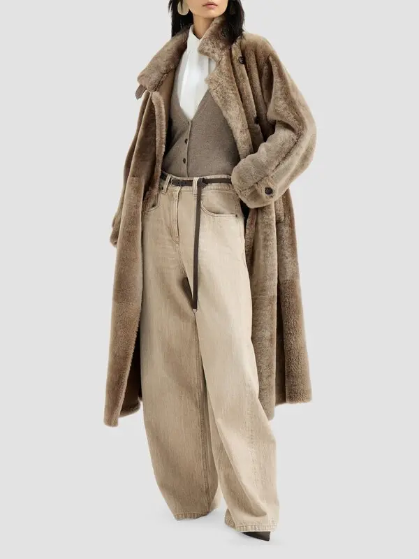 Brunello Cucinelli Authentic Denim Wide Jeans With Monili - Sand