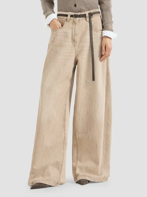 Brunello Cucinelli Authentic Denim Wide Jeans With Monili - Sand
