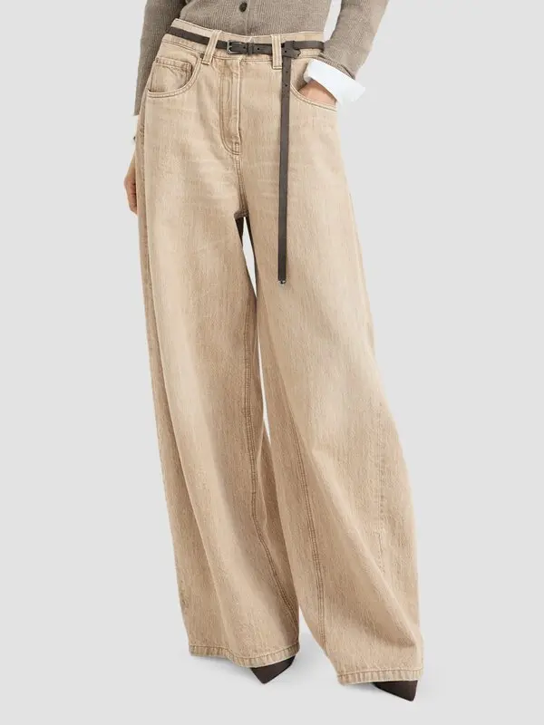 Brunello Cucinelli Authentic Denim Wide Jeans With Monili - Sand