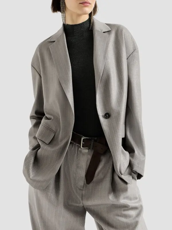 Brunello Cucinelli Sparkling Virgin Wool Pinstripe Blazer With Monili - Silver