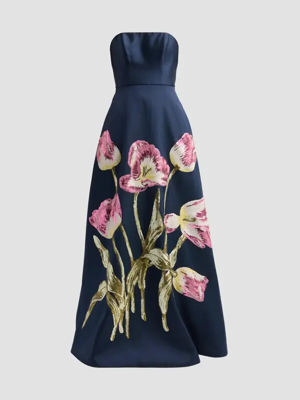 Amsale Brocade Strapless Watteau Gown