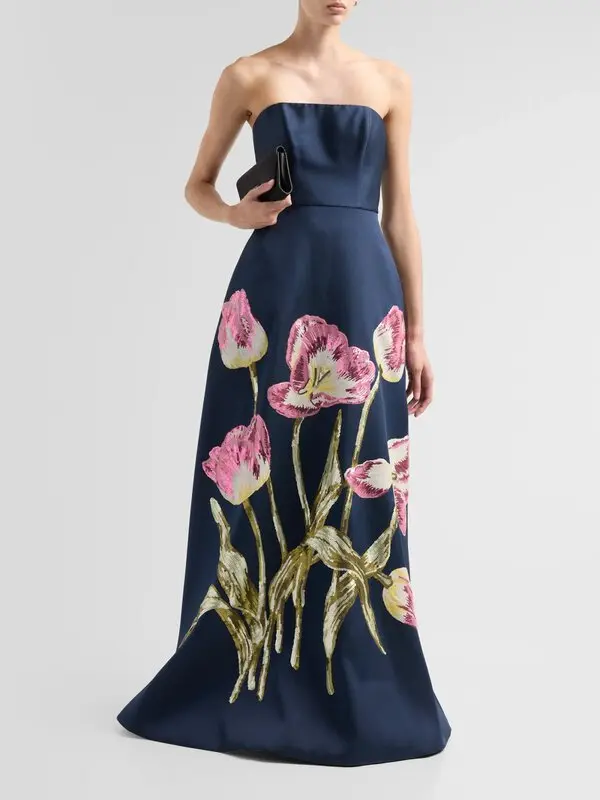 Amsale Brocade Strapless Watteau Gown