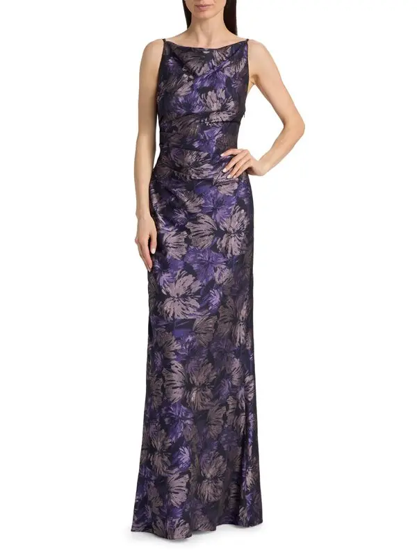 Amsale Floral Pleated Sleeveless Gown