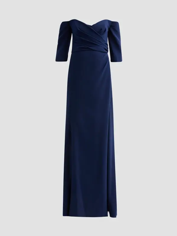 Amsale Stretch Crepe Off-the-shoulder Gown - Navy