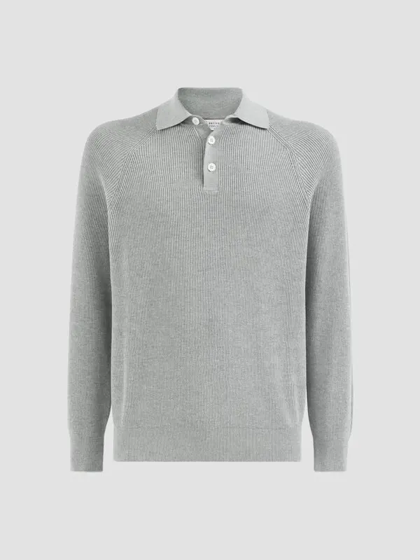 Brunello Cucinelli Cotton English Rib Knit Polo Shirt - Light Grey