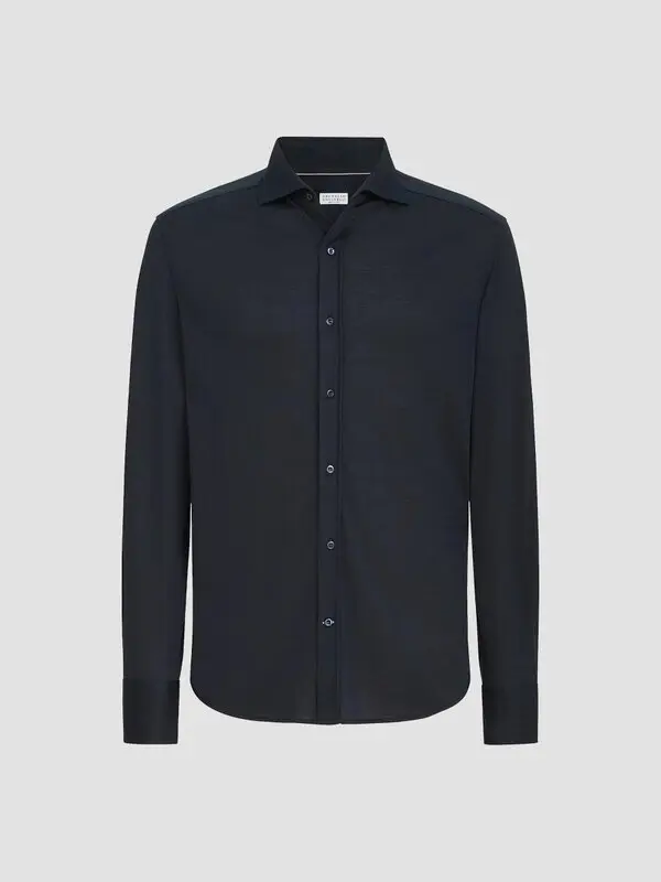 Brunello Cucinelli Silk And Cotton Lightweight Jersey Shirt With Spead Collar - Blue