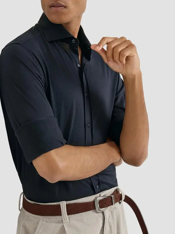 Brunello Cucinelli Silk And Cotton Lightweight Jersey Shirt With Spead Collar - Blue