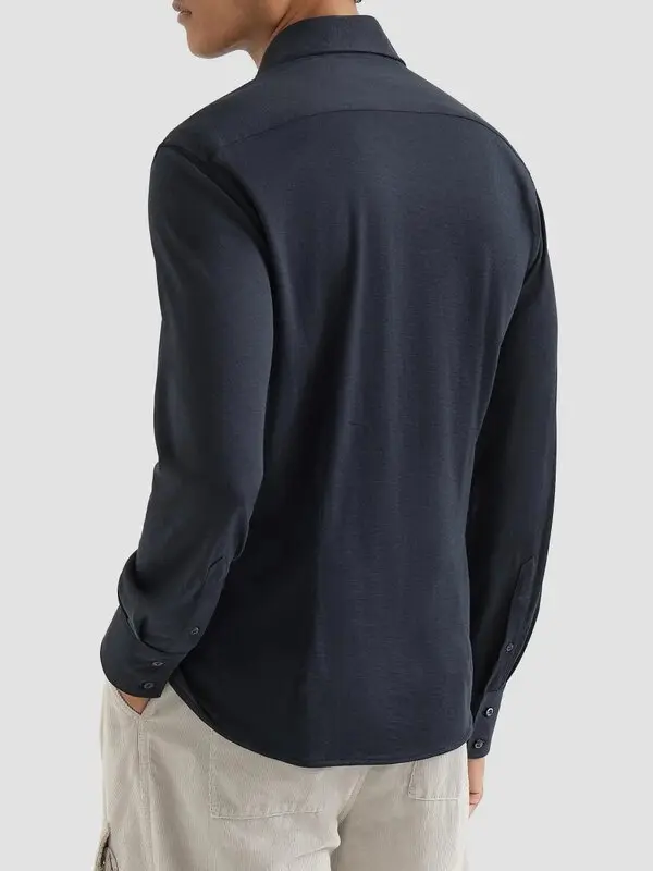 Brunello Cucinelli Silk And Cotton Lightweight Jersey Shirt With Spead Collar - Blue